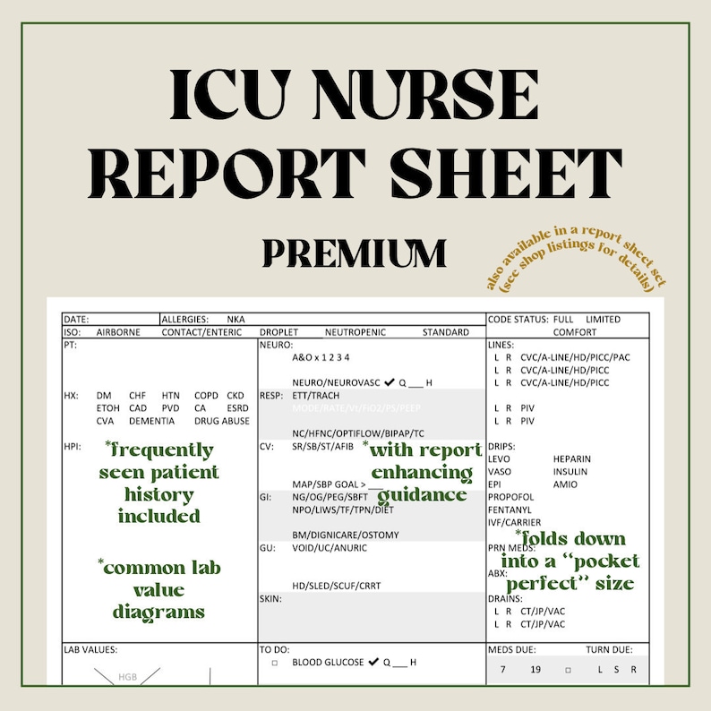 ICU Nurse Report Sheet - Patient Assessment, Lab Values (PDF) - Etsy