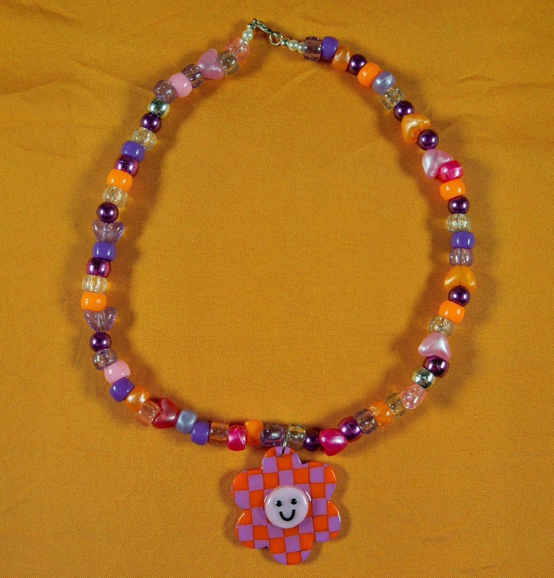 Homemade Checkerboard Smiley Flower on Chunky Pony Bead Necklace ...