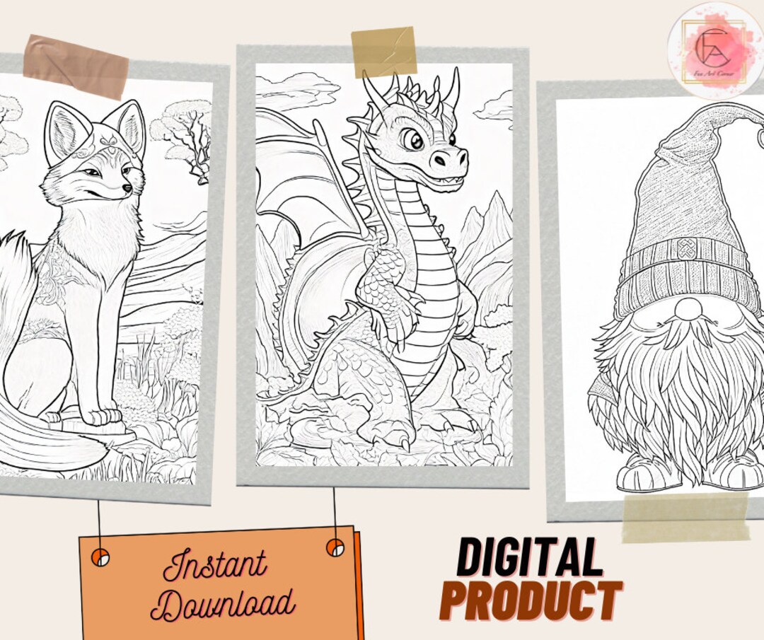 Mystical Creatures Coloring Book: Dragons, Unicorns, Kitsune (A4 PDF ...