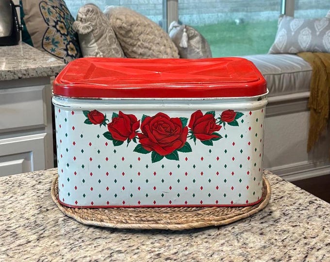 Vintage 1940's MCM Red Rose, Green and Cream Design Tin Hinged Bread ...