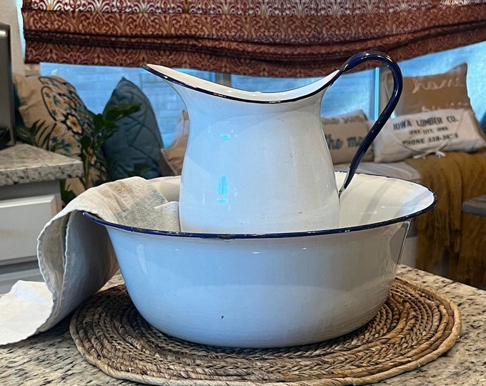 Vintage 1920's Enamelware Pitcher and Bowl Basin Bathroom Set, Gorgeous ...