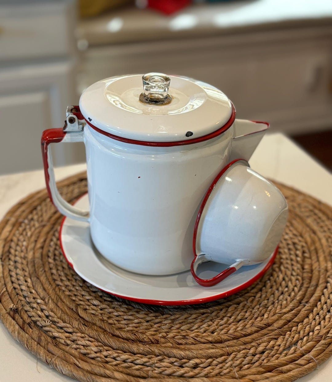 Vintage 1930's Enamelware White and Red Percolator Coffee Pot Set ...