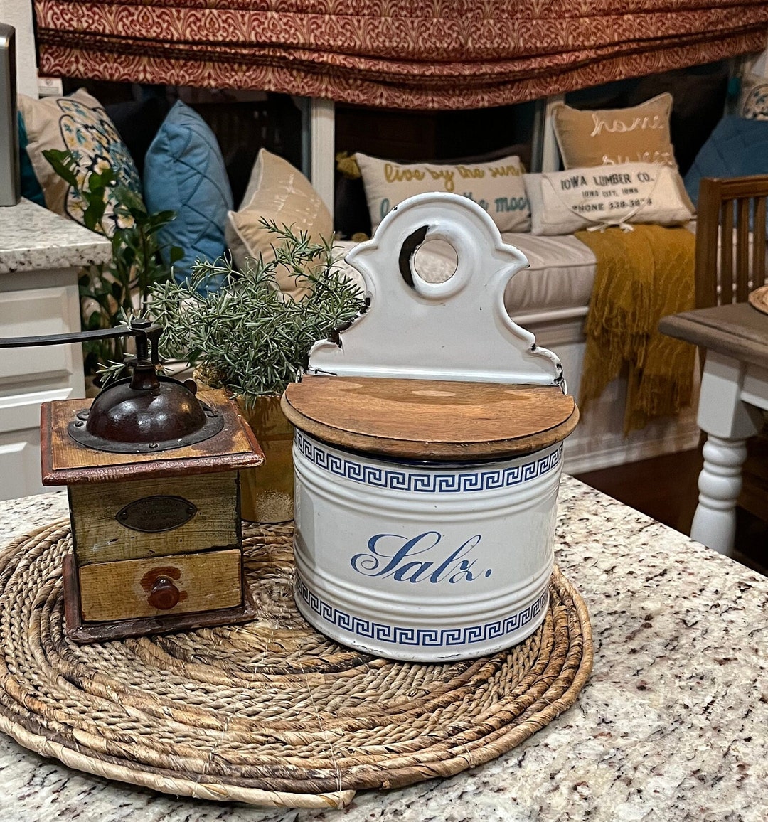 Vintage 1930's RARE German Salz salt Enamelware and Wood Wall Canister ...