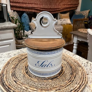 Vintage 1930's RARE German Salz salt Enamelware and Wood Wall Canister ...