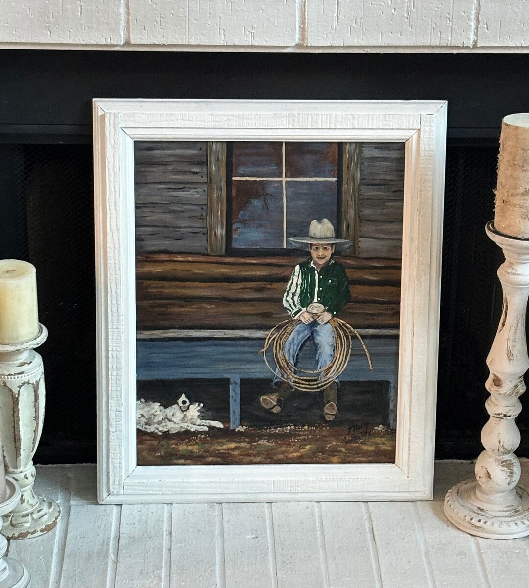 Vintage Young Cowboy Holding a Rope Original Oil Painting, Western ...