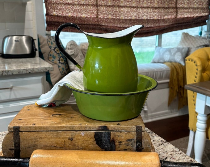 Vintage 1940's Green With Black Trim Enamelware Japan Pitcher 8" and ...