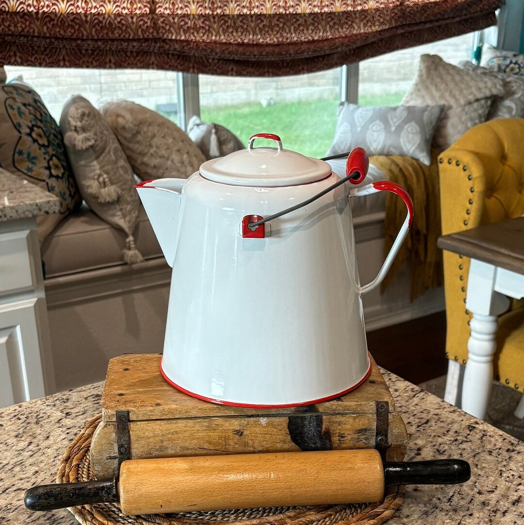 Vintage 1940's Red and White Enamelware Coffee Pot Cowboy Kettle W/ Red ...