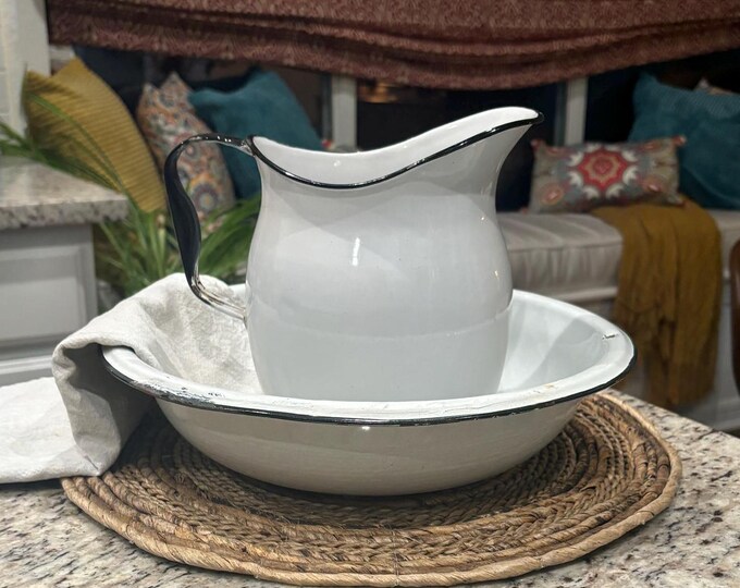 Vintage 1920's Enamelware Pitcher and Basin Bowl Bathroom Set, White ...