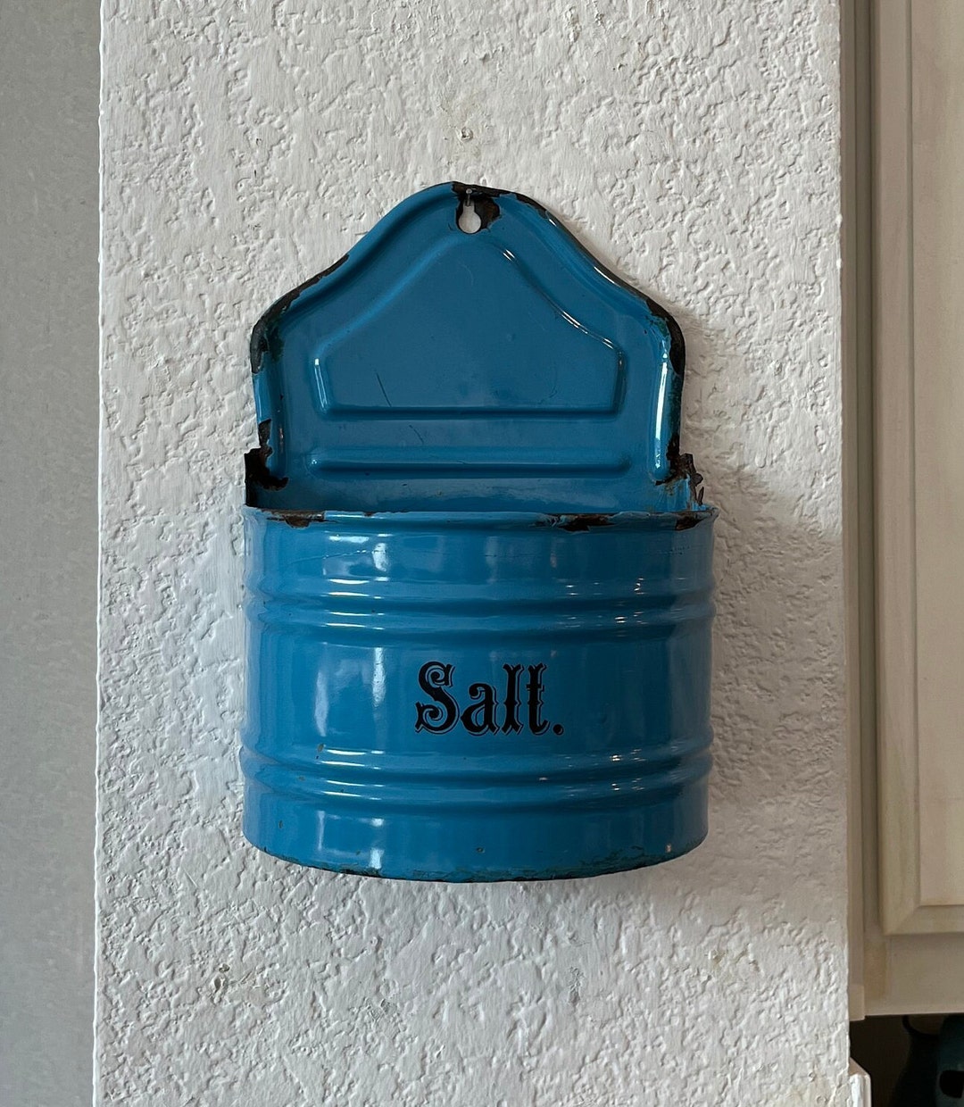 Vintage 1900's Denmark RARE Blue Enamelware Wall Salt Box Holder ...