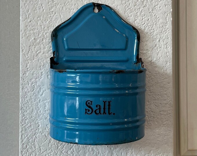 Vintage 1900's Denmark RARE Blue Enamelware Wall Salt Box Holder ...