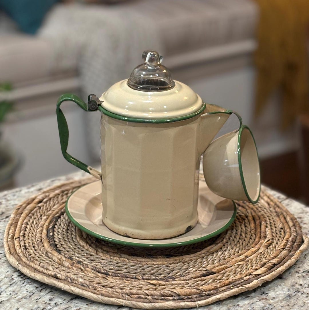 Vintage 1930's Cream and Green Trim Enamelware Coffee Pot, Plate/tray ...