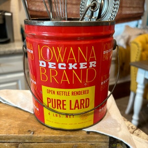 Vintage 1940's Iowana Decker Brand Pure Lard, 4 Pound Tin Pail With Red ...
