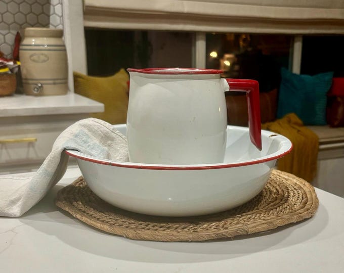 Vintage 1920's Enamelware Pitcher and Basin Bowl, White With Red Trim ...