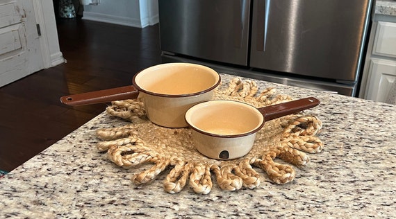 Vintage 1940's Tan and Brown Enamelware Pots Cute Kitchen - Etsy