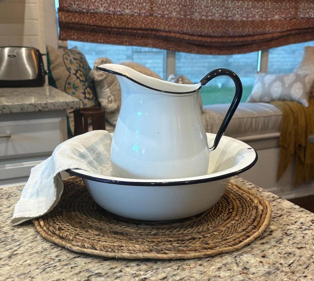Vintage 1920's Enamelware White With Cobalt Blue Trim Pitcher and ...