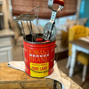 Vintage 1940's Iowana Decker Brand Pure Lard, 4 Pound Tin Pail With Red ...