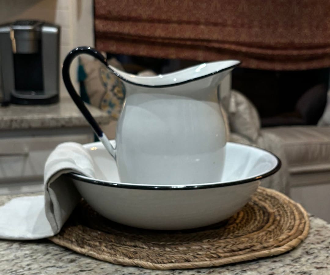 Vintage 1920's Enamelware Pitcher and Basin Bowl Bathroom Set, White ...