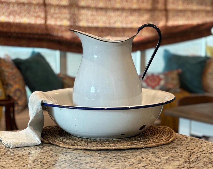 Vintage 1920's RARE LARGE White Enamel With Cobalt Blue Trim Pitcher ...