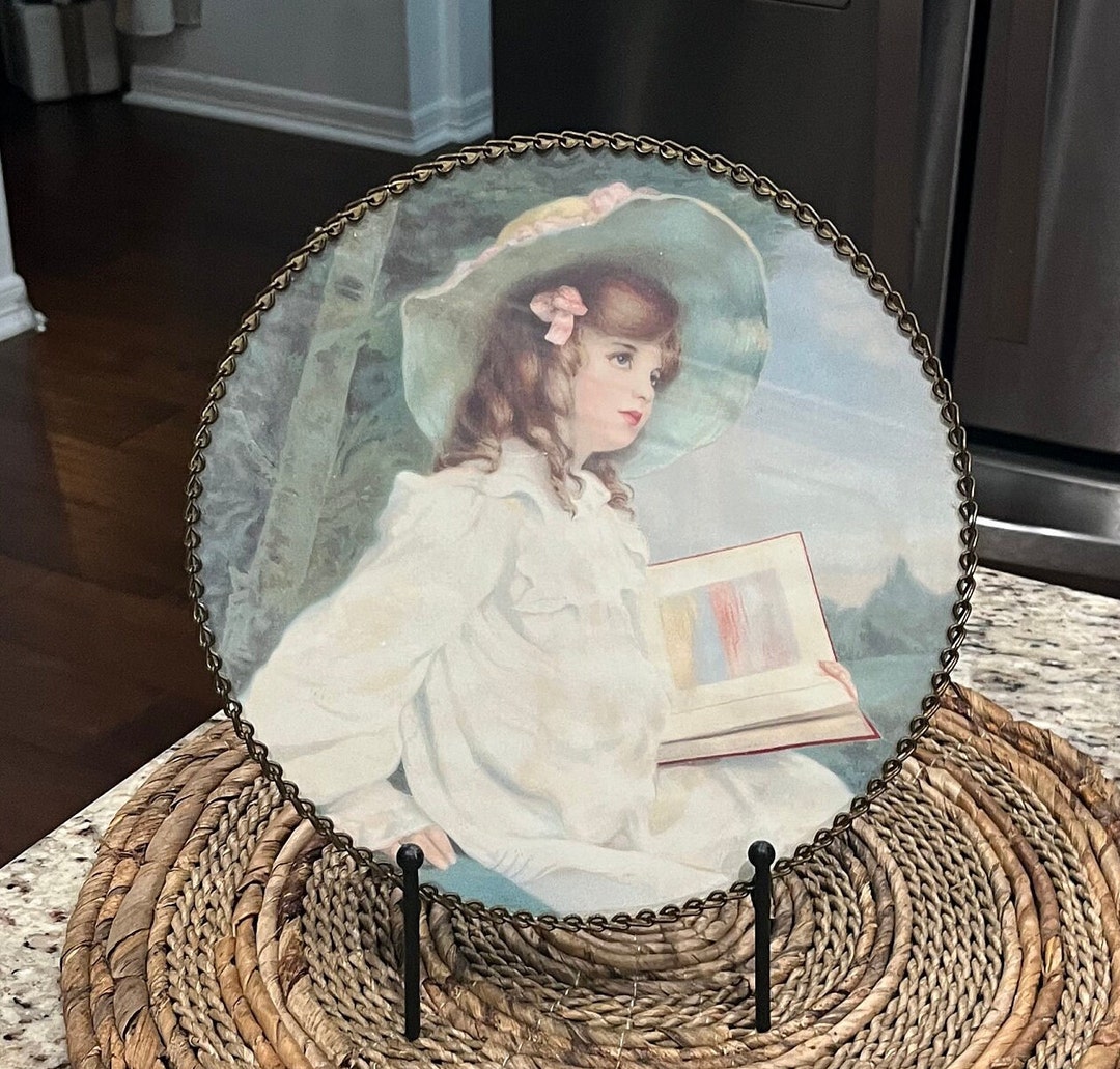 Vintage 1960's Chain Frame Round Lithograph Picture, Wall Hanging Flue ...