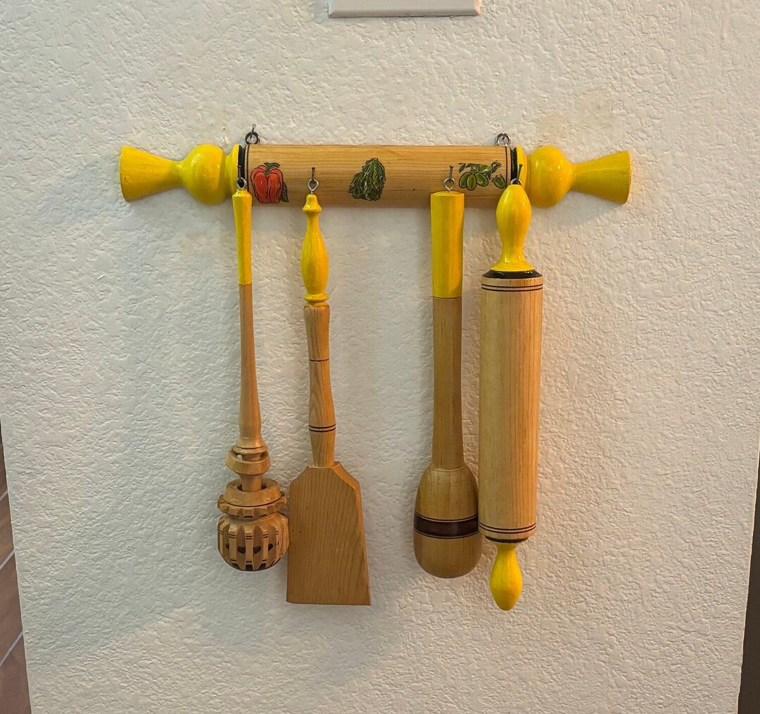 Vintage 1940's Denmark Danish Yellow Kitchen Wood Utensils and Holder ...