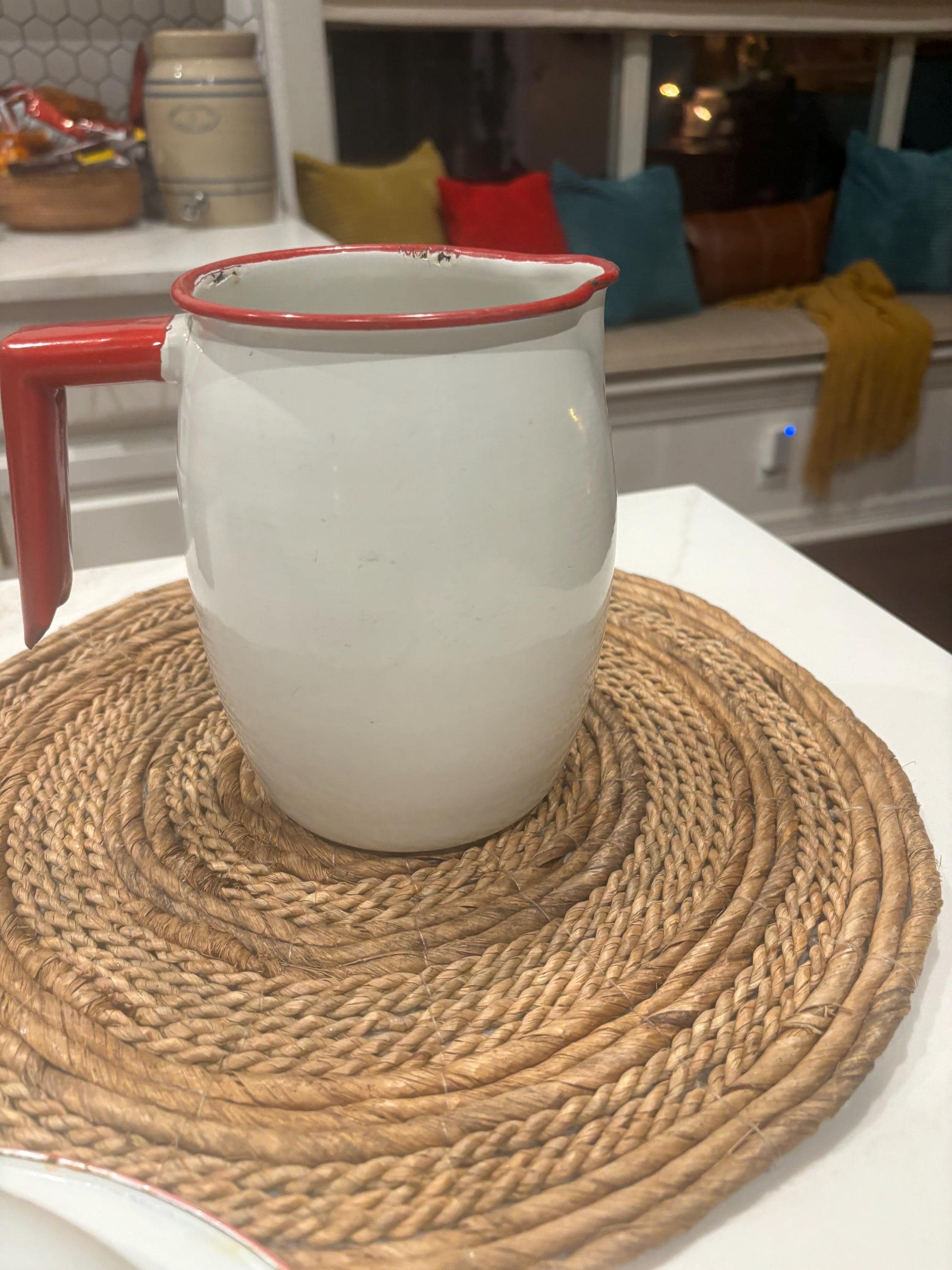 Vintage 1920's Enamelware Pitcher and Basin Bowl, White With Red Trim ...