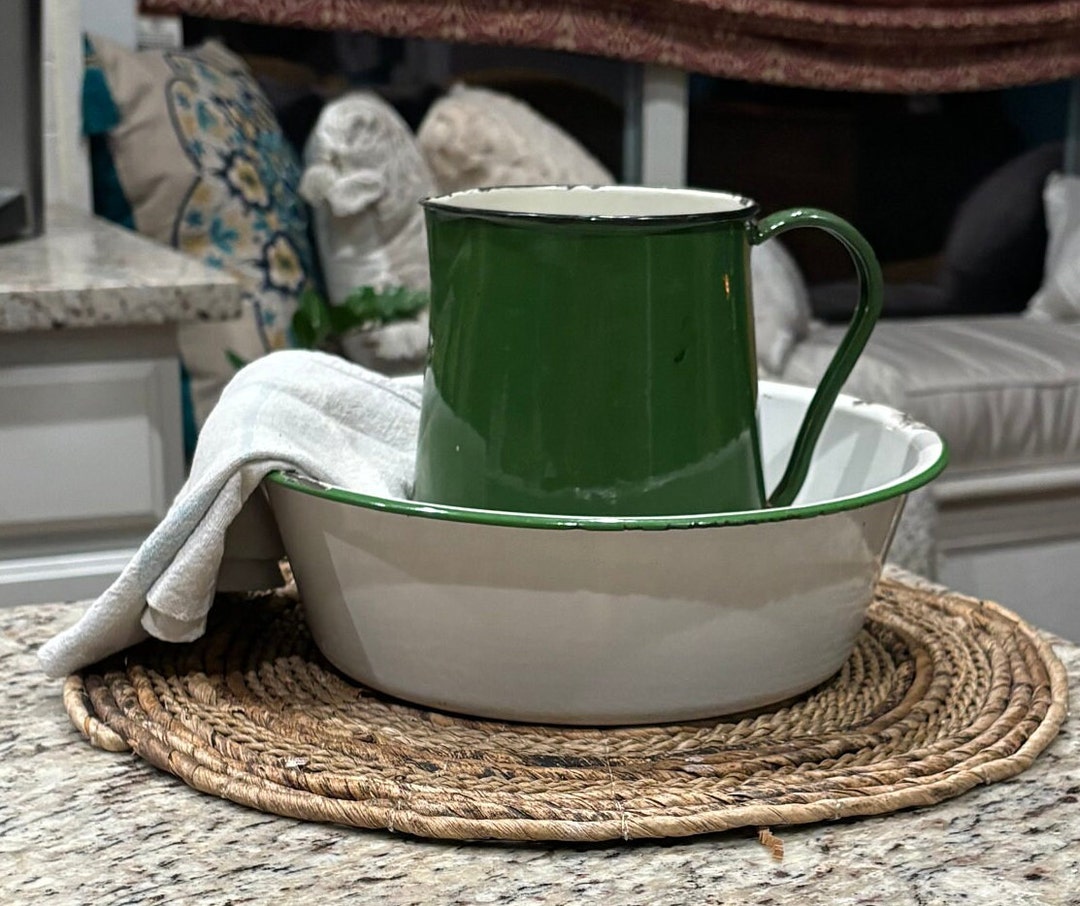 Vintage 1930's Russia Green Enamelware Pitcher and White With Green ...