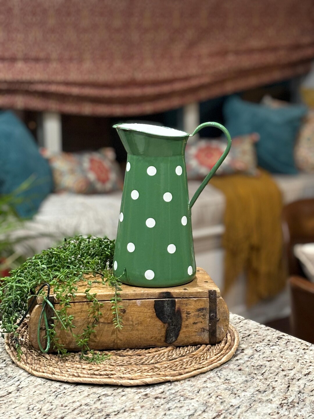 Vintage 1940's Yugoslavia Green Dot Enamelware Pitcher, Neat Farmhouse ...