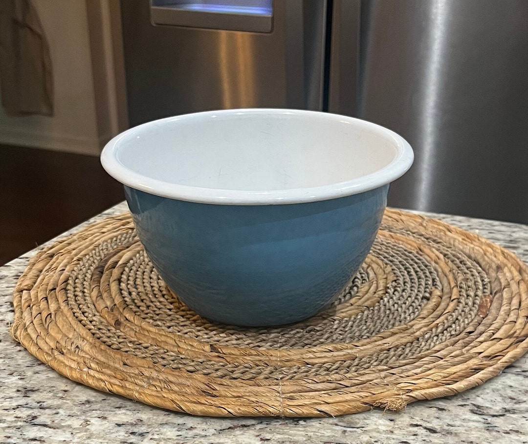 Vintage 1940's Blue With White Rim Enamelware Mixing Bowl, Sweet ...