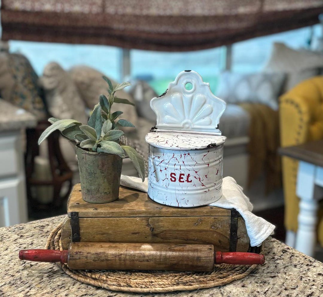 Vintage 1920's-1930's French Enamelware Red and White Hinged Salt Box ...