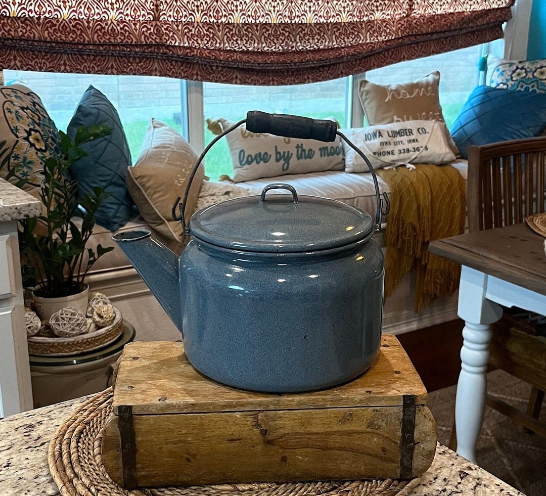 Gorgeous 1920's Gray Graniteware Tea Kettle, Wire Bale Handle, Black ...