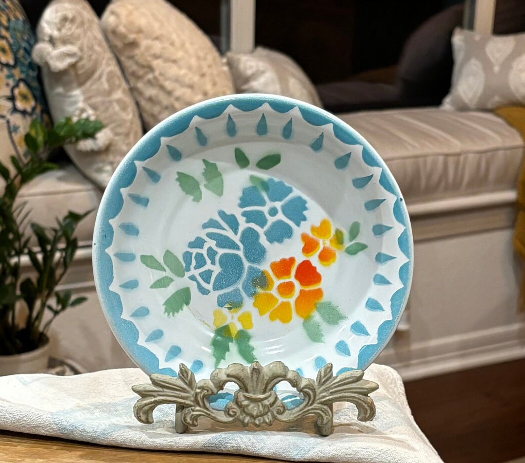 Vintage 1930's Enamelware Teal Blue Aztec Gold and Red Pattern Small ...