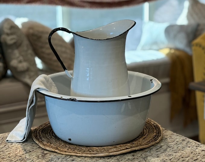Vintage 1920's EXTRA-LARGE White Enamel Pitcher and Three Gallon Wash ...