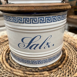 Vintage 1930's RARE German Salz salt Enamelware and Wood Wall Canister ...