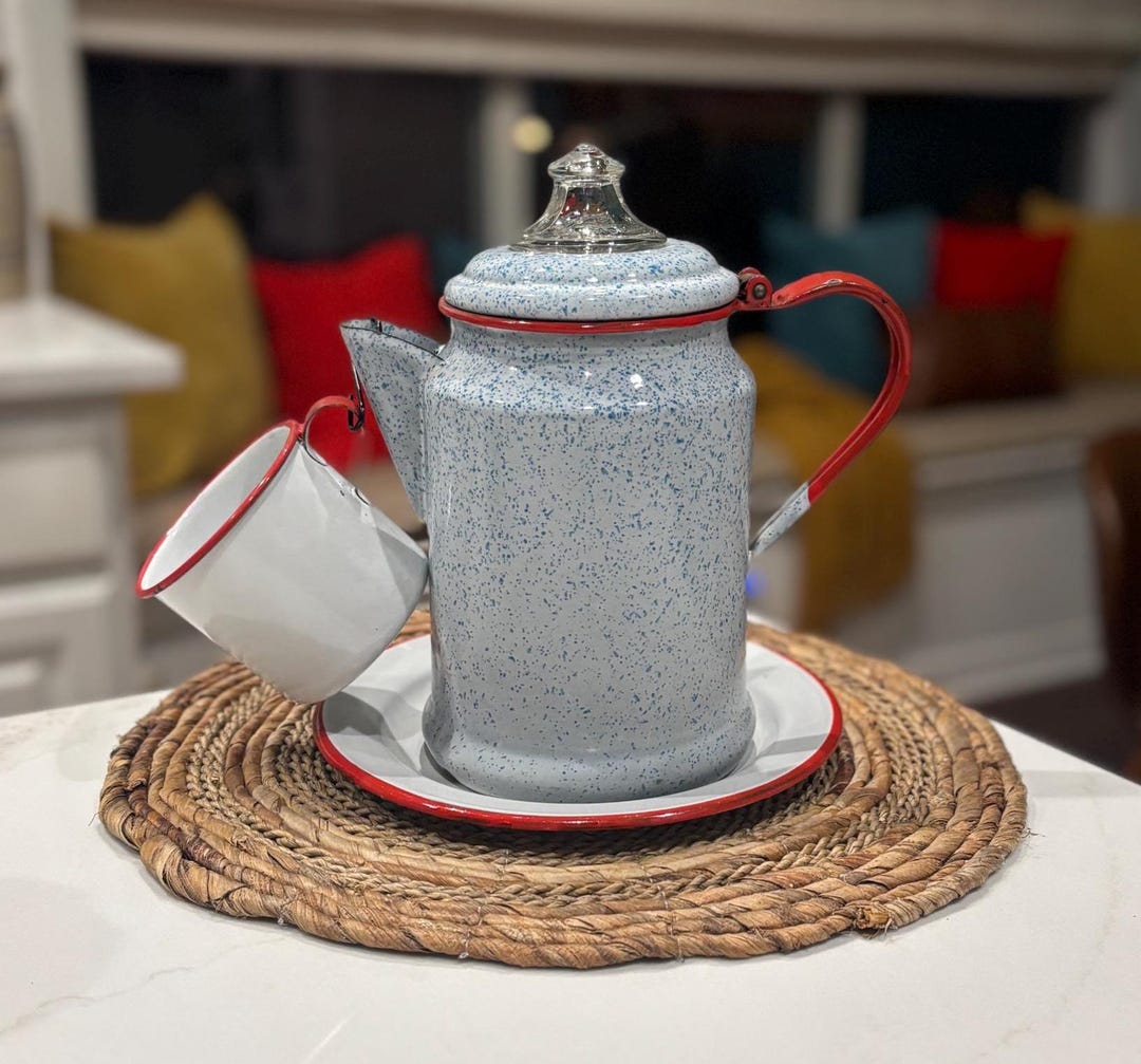 Vintage 1930's RARE Enamelware Blue and White Spatterware With Red Trim ...