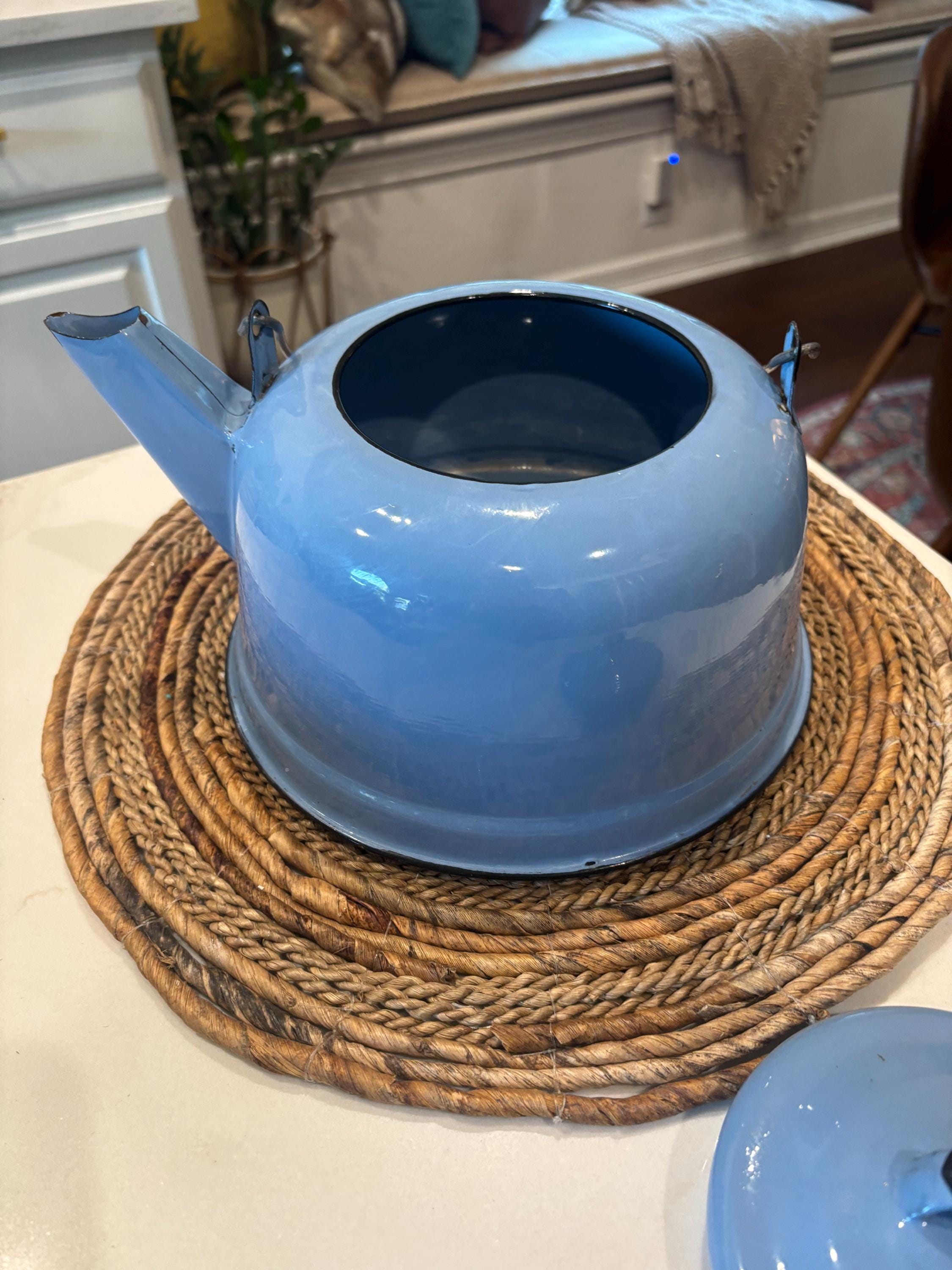 Vintage 1950's French Blue Enamelware Teapot Tea Kettle With Coiled ...