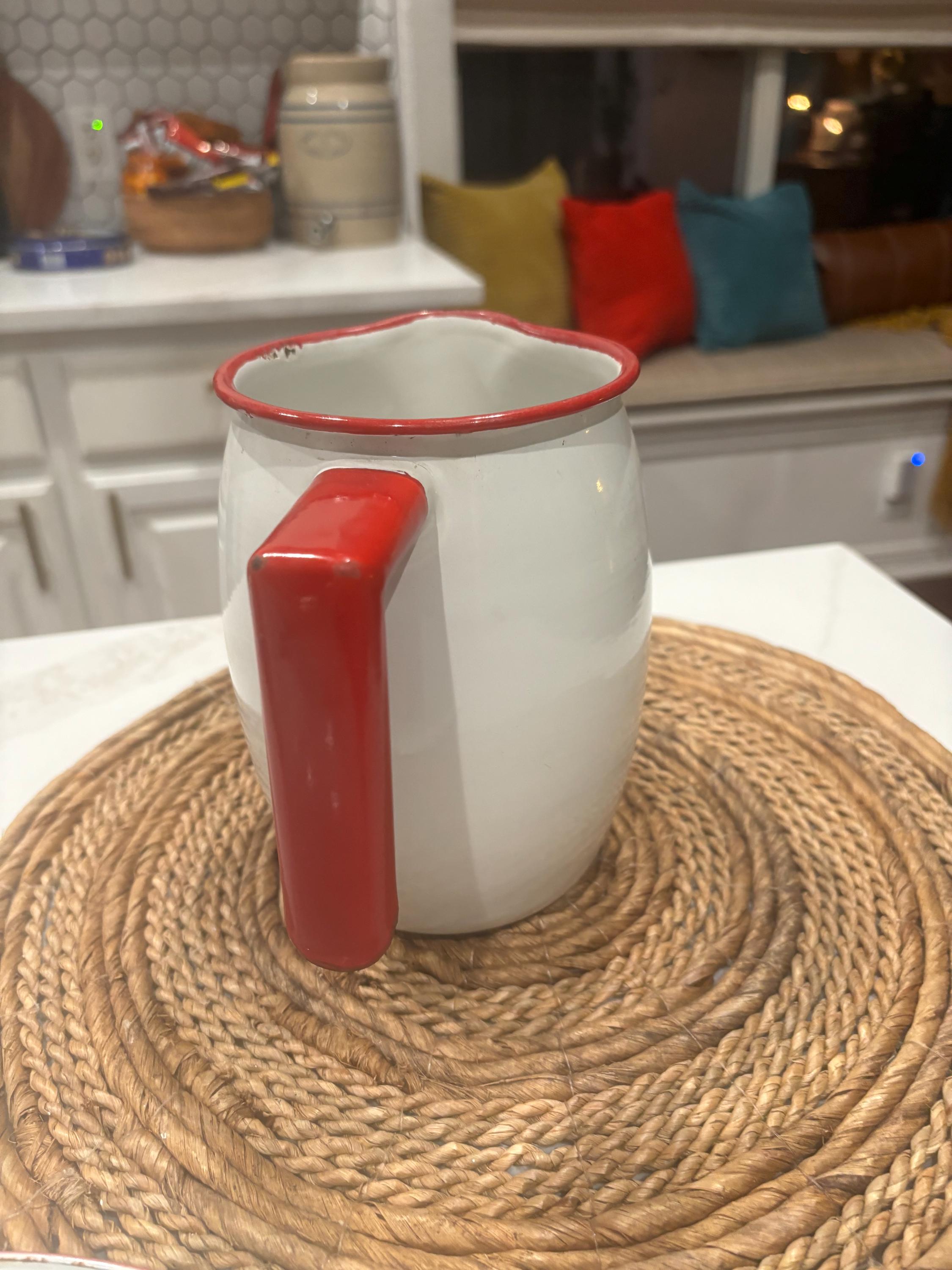 Vintage 1920's Enamelware Pitcher and Basin Bowl, White With Red Trim ...