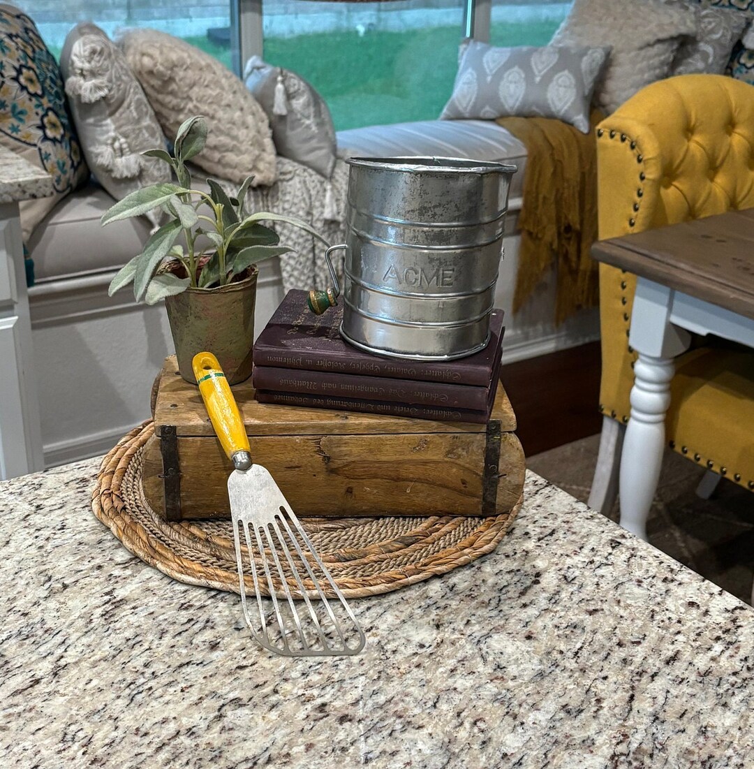 Vintage 1930's ACME Tin Flour Sifter and Egg Beater Utensil, Green and Yellow Wood Handles, Neat ...