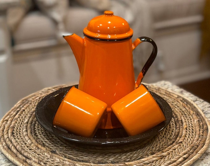 Vintage 1940's Enamelware Orange With Black Trim Coffee Pot With Two ...