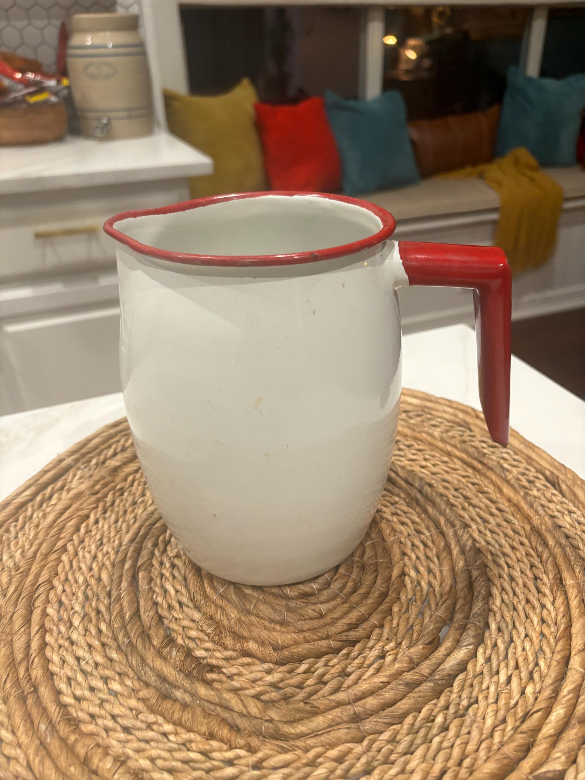 Vintage 1920's Enamelware Pitcher and Basin Bowl, White With Red Trim ...