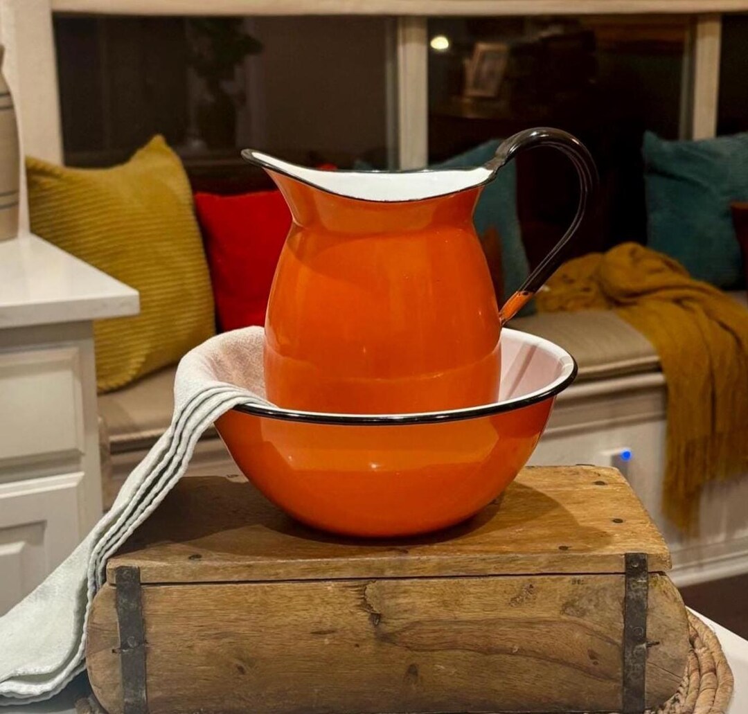 Vintage 1940's Enamelware Orange Pitcher With Bowl Basin Bathroom Set ...