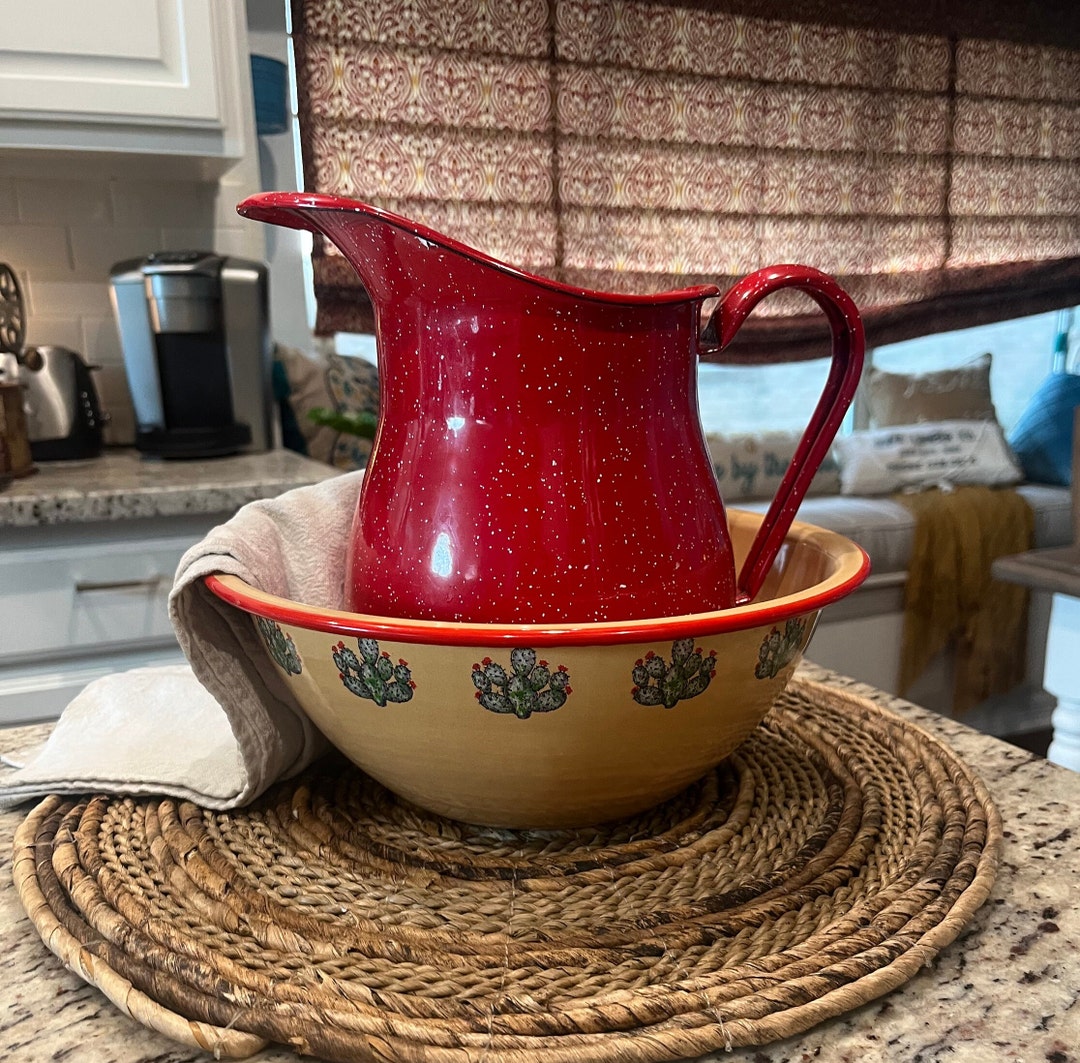 Vintage Marble Canyon Enamelware Red Speckled Pitcher and Enamel Cream ...