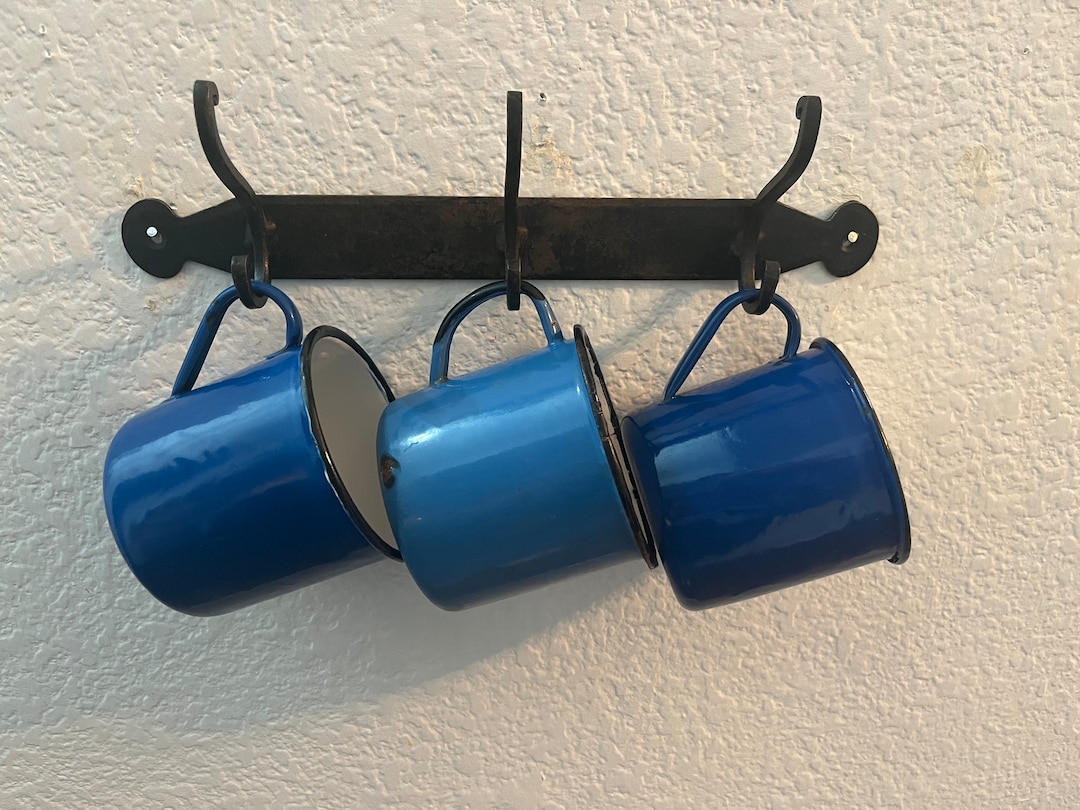 Vintage 1940's Enamelware Blue Set of Coffee Cups on a Black Cast Iron ...