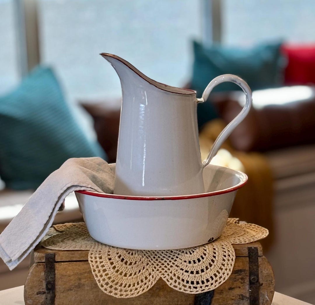 Vintage 1920's Enamelware Pitcher and Basin Bowl, White With Red Trim ...