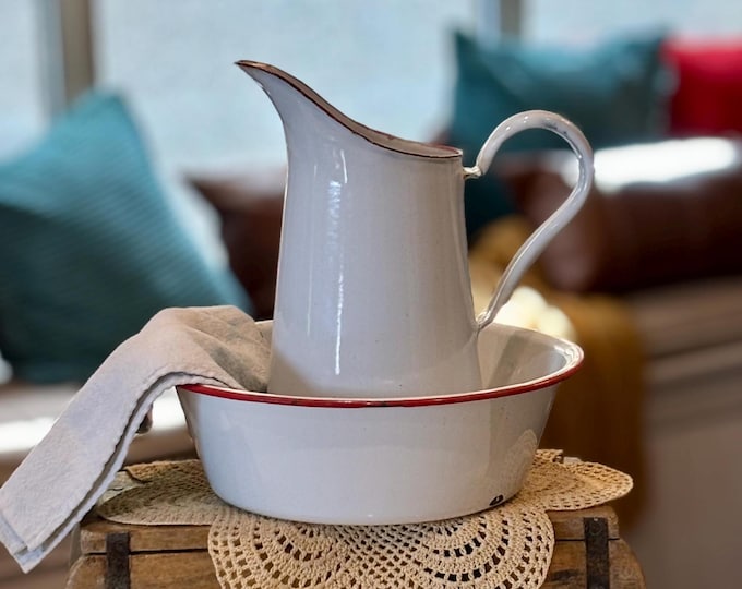Vintage 1920's Enamelware Pitcher and Basin Bowl, White With Red Trim ...