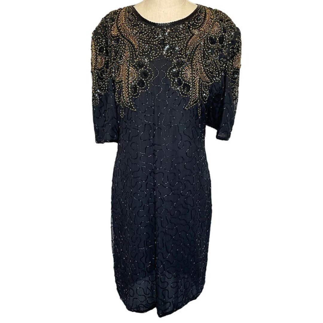 Vintage Black Gold Beaded Open Back Dress - Etsy