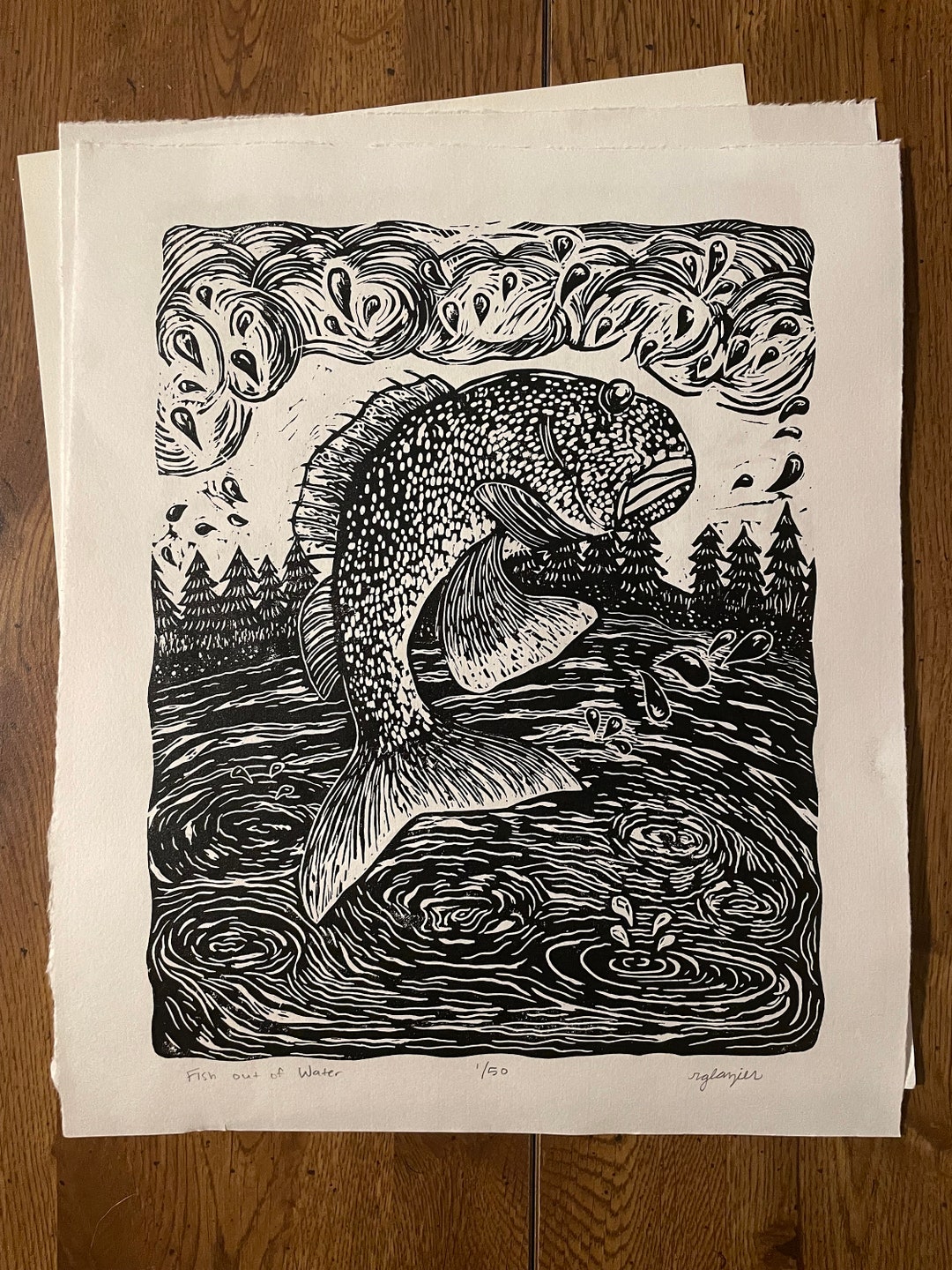 Fish Out of Water Linoleum Relief Block Print Handmade - Etsy