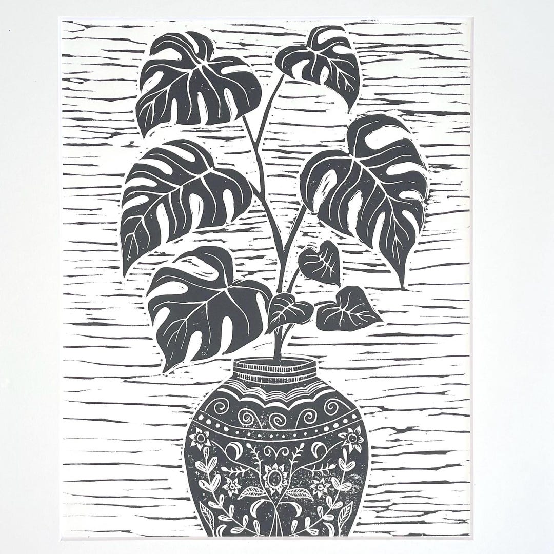 11x14 Monstera in Vase Original Linocut Print Fine Wall Art Home Decor ...