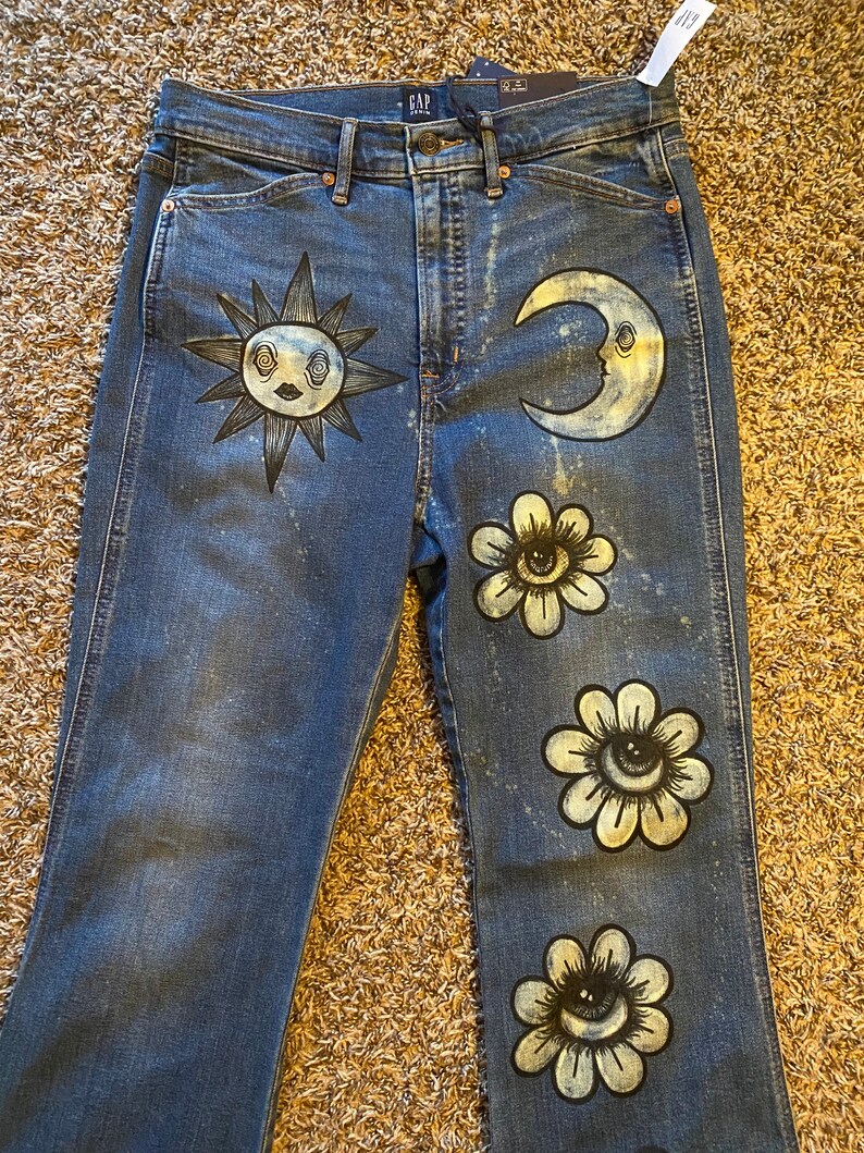 Trippy Hand-painted Sun and Moon Jeans Women’s Size 10/30 - Etsy Australia