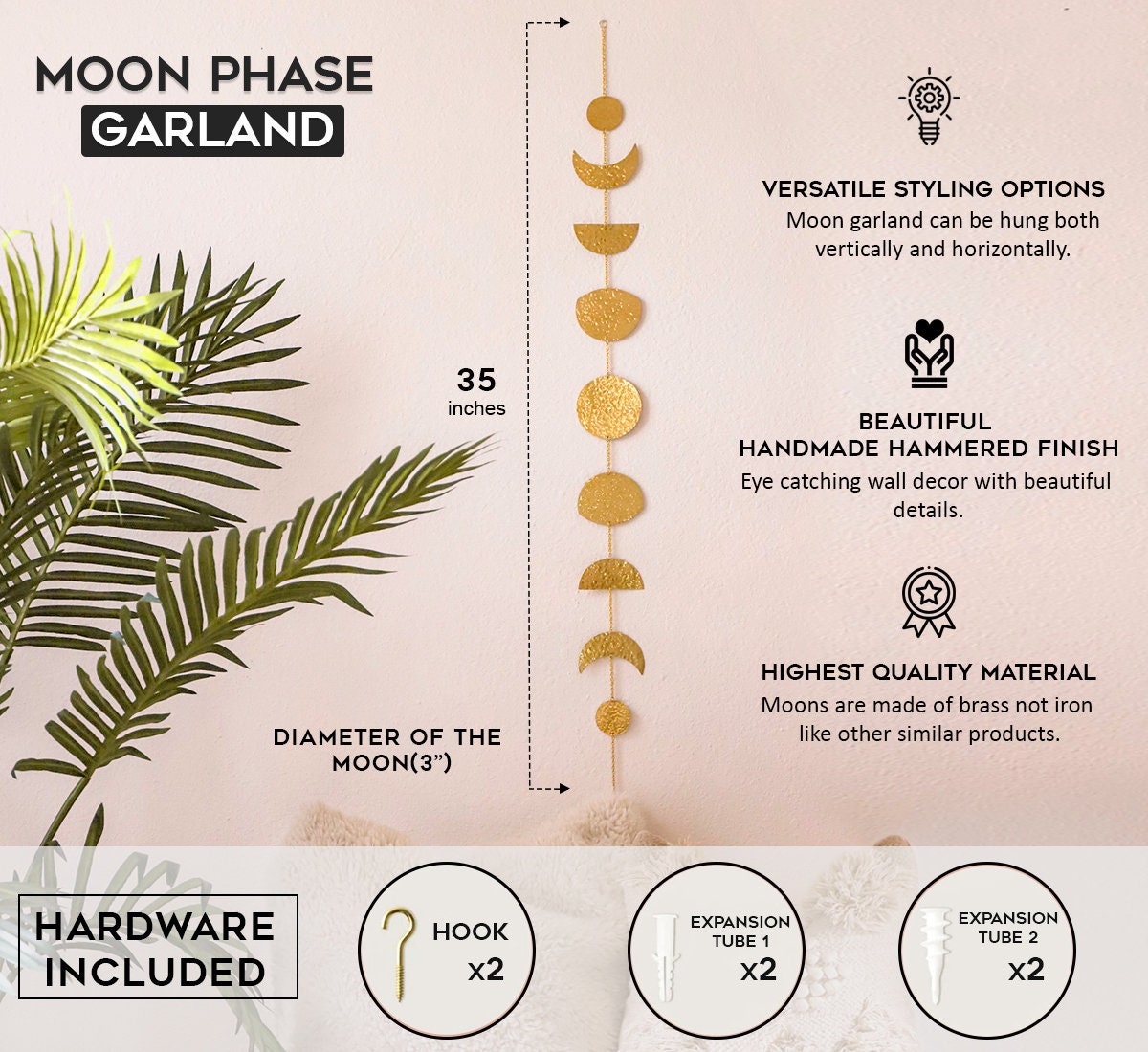 Moon Phase Garland Boho Wall Décor Hammered Finish Moon - Etsy