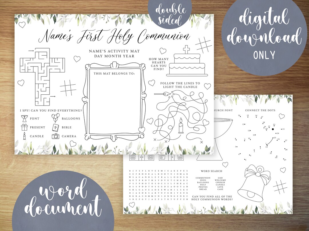 Personalised Kids First Holy Communion Activity Mat Printable Activity ...